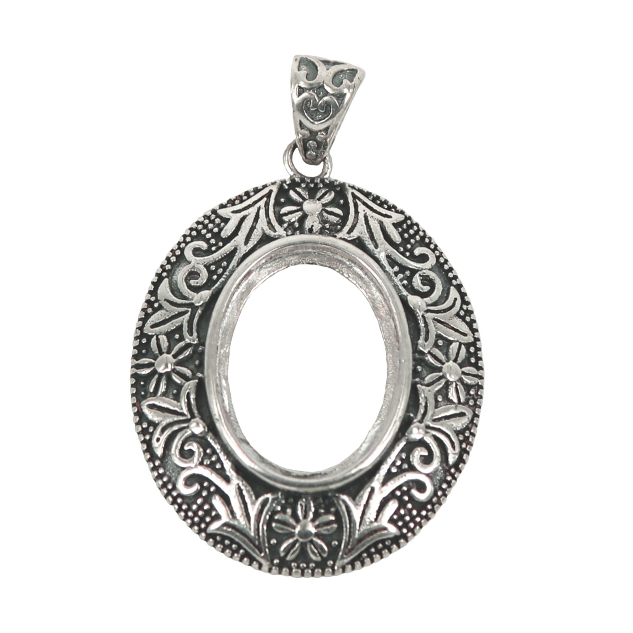 Oval Pendant With Wide Floral Frame and Soldered Loop and Bail in ...