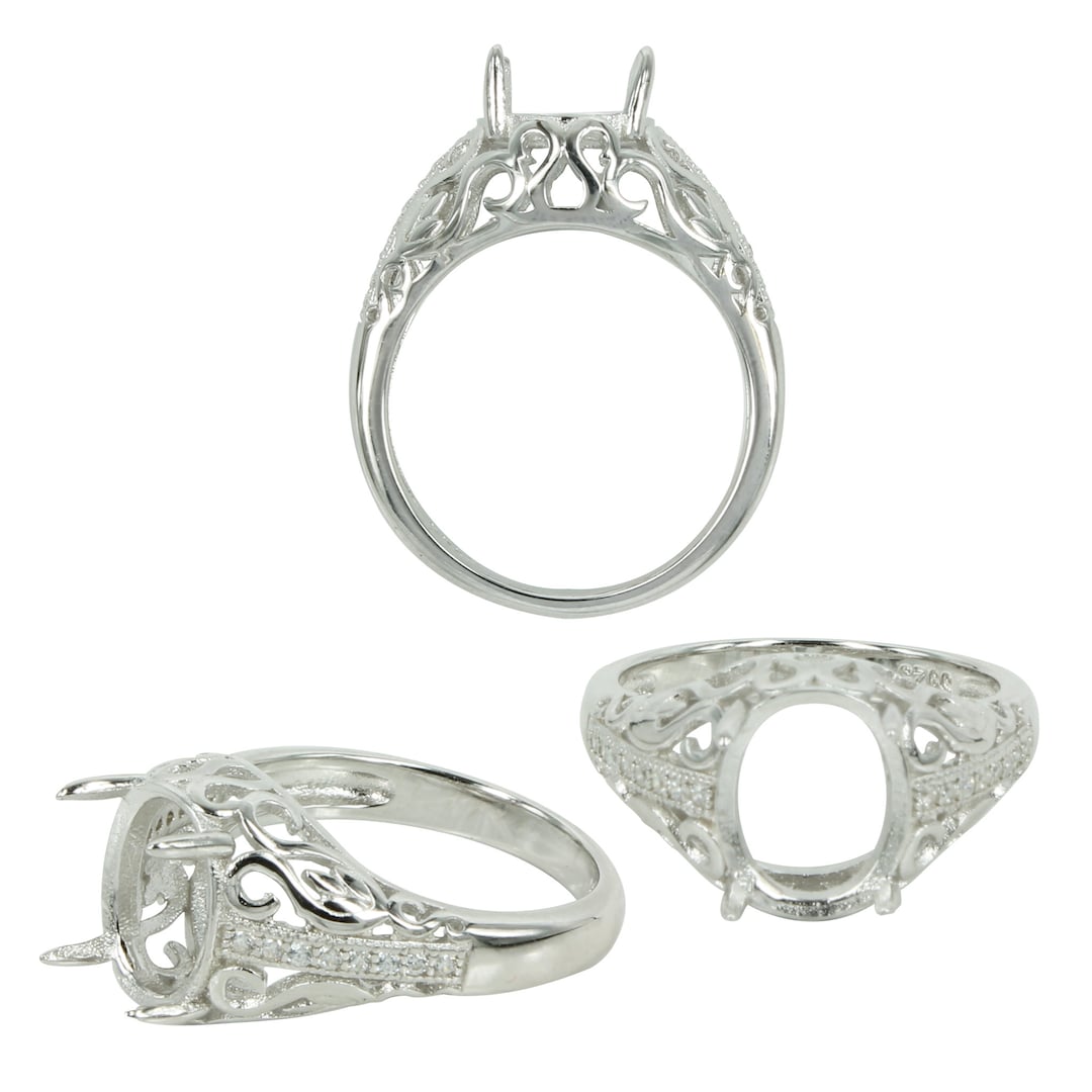 Filigree Gallery Ring in Sterling Silver for 8x10mm Oval Stones ...