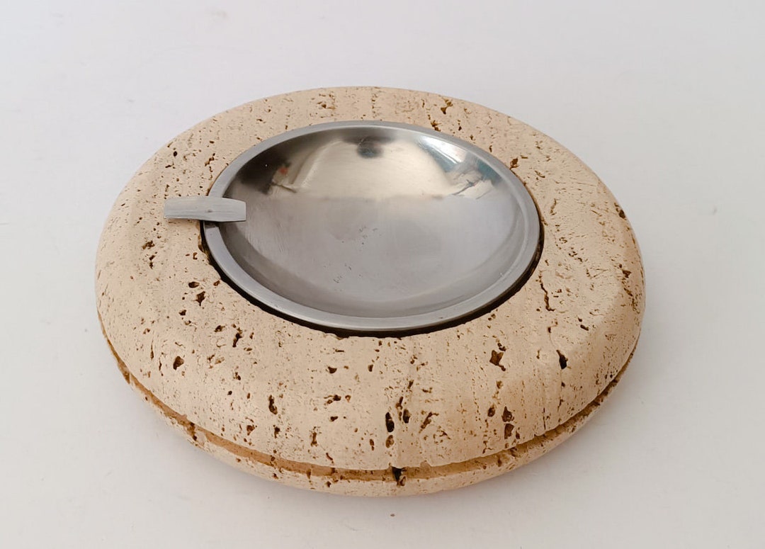 Marble Art Ashtray in Travertine and Round Steel Vintage Space Age ...
