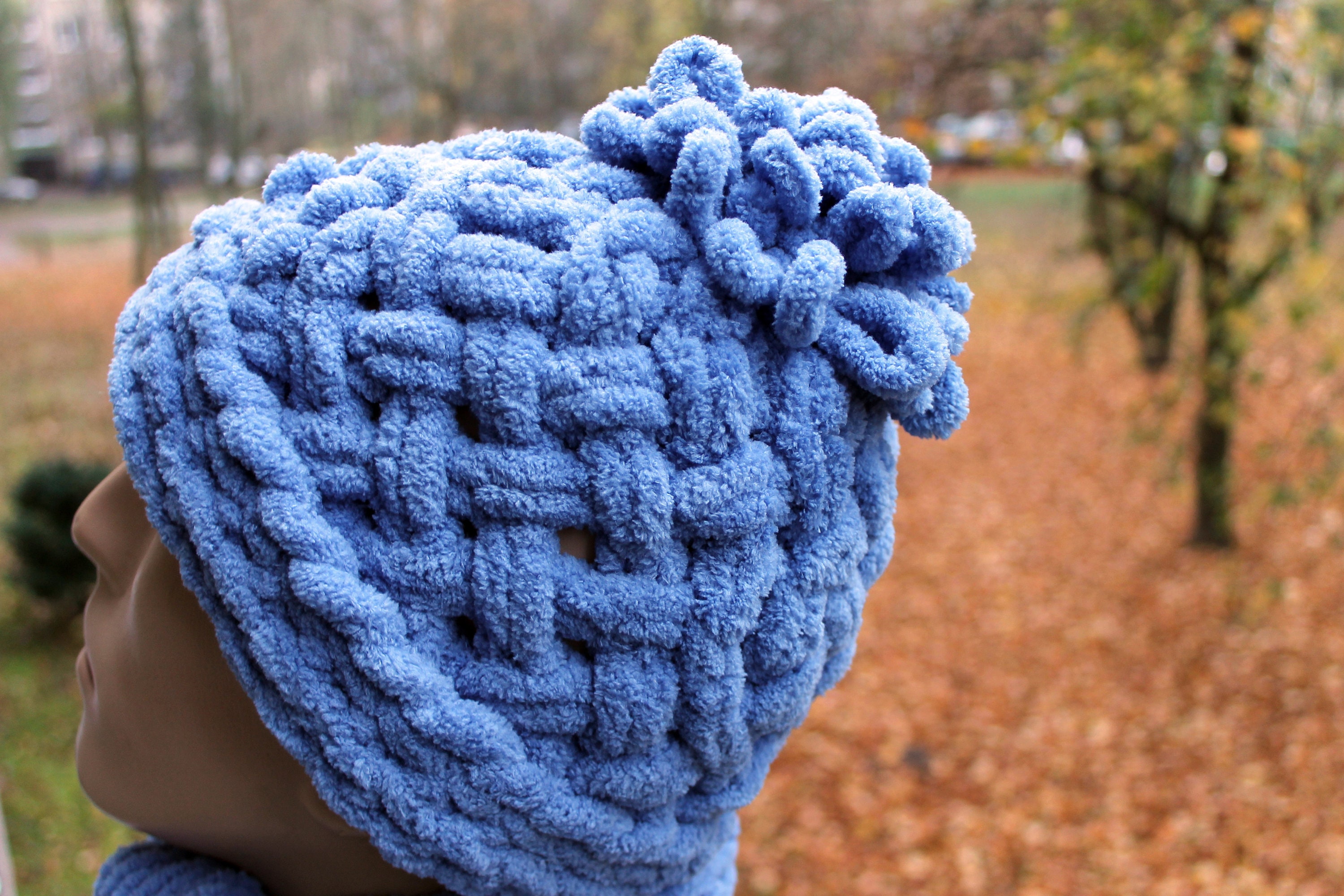 Knitting Blue Color Cap Beanie and Scarf, Alize Puffy Yarn. Knitted ...