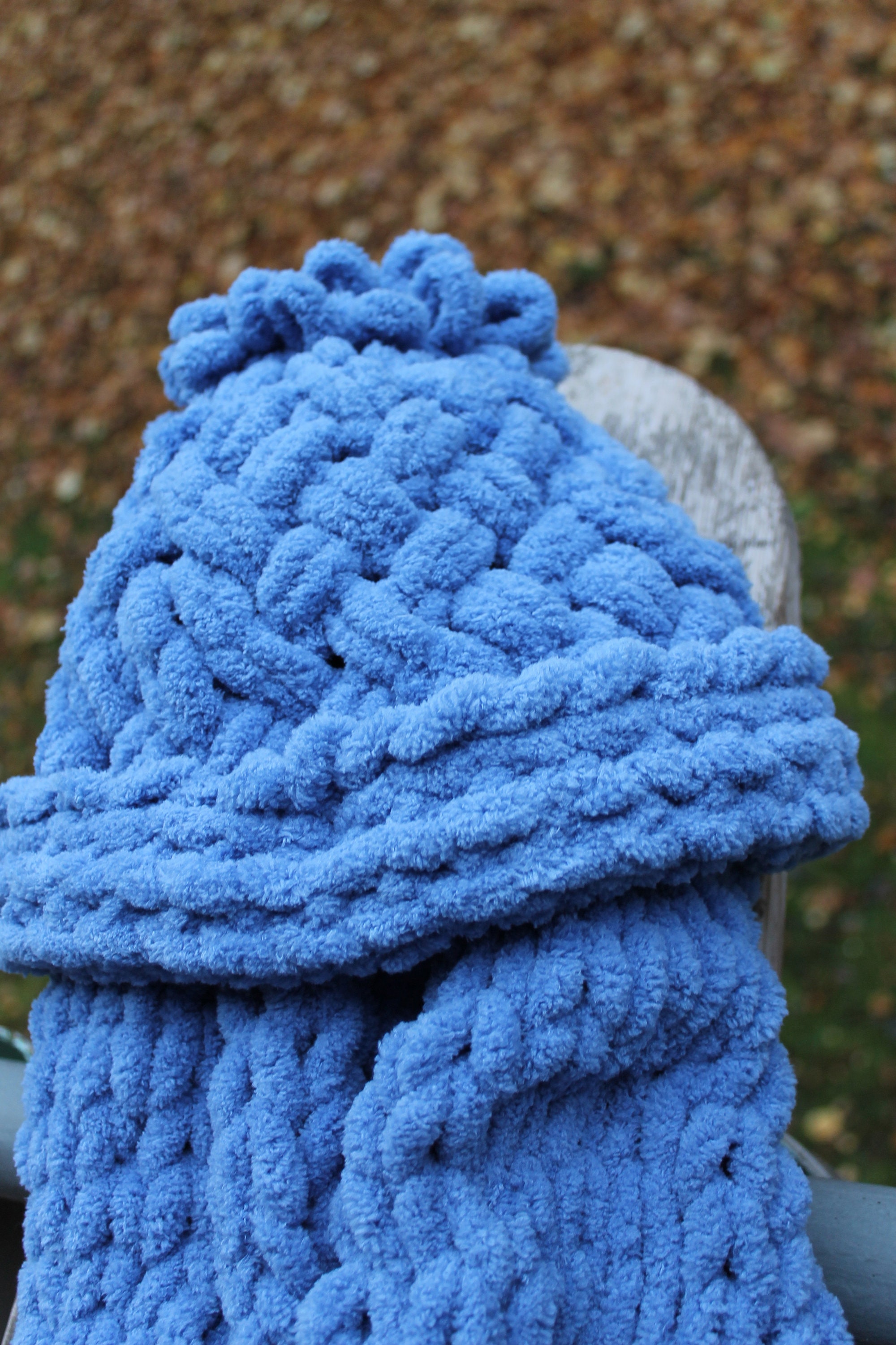 Knitting Blue Color Cap Beanie and Scarf, Alize Puffy Yarn. Knitted ...
