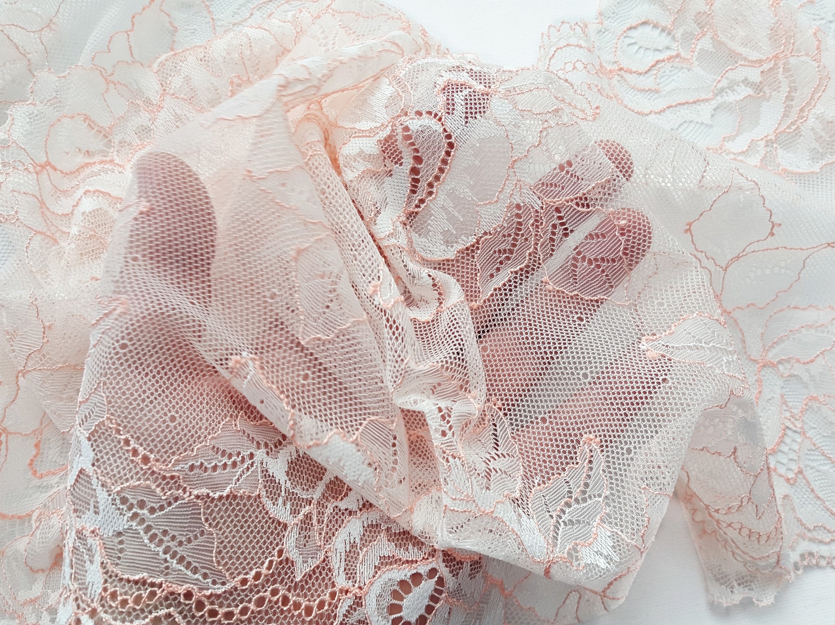 Light Peach Elastic Lace Trim Floral Wide Stretch French | Etsy