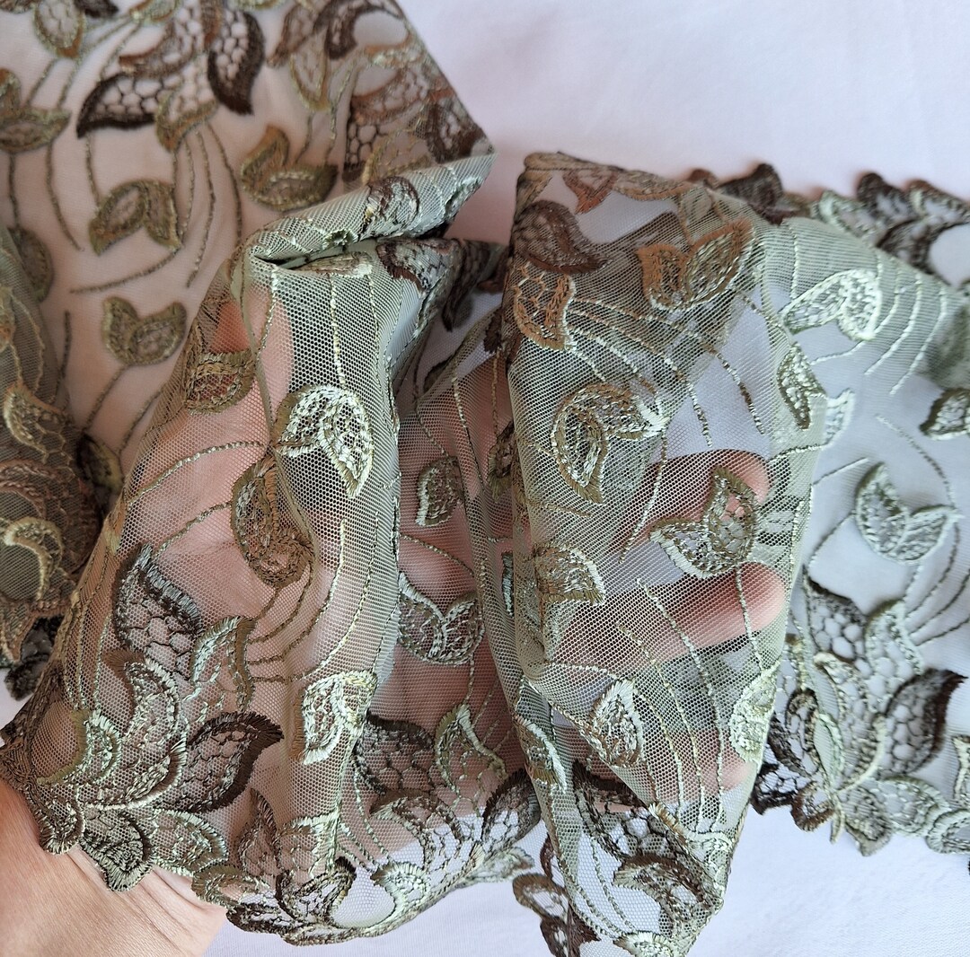 Tate Olive Elastic Embroidery Tulle Lace Trim, Bright Mesh Stretch Lace ...