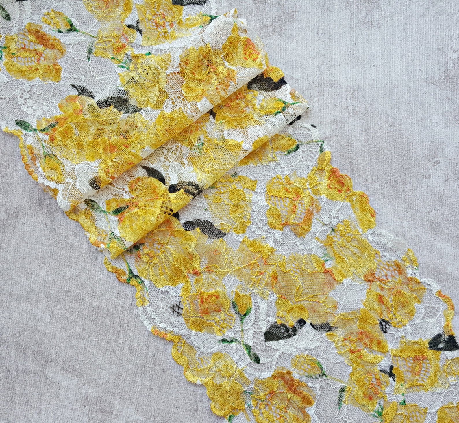 Yellow print lace fabric Colorful stretch lace trim Elastic | Etsy