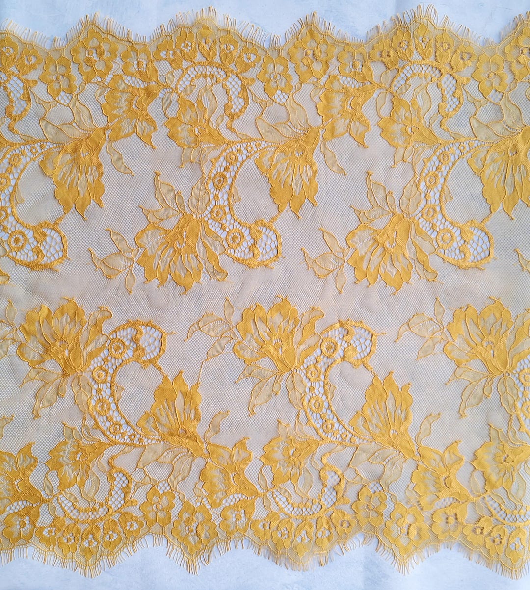 3.17 Yards Mustard Yellow Eyelash French Lace Fabric, Chantilly ...