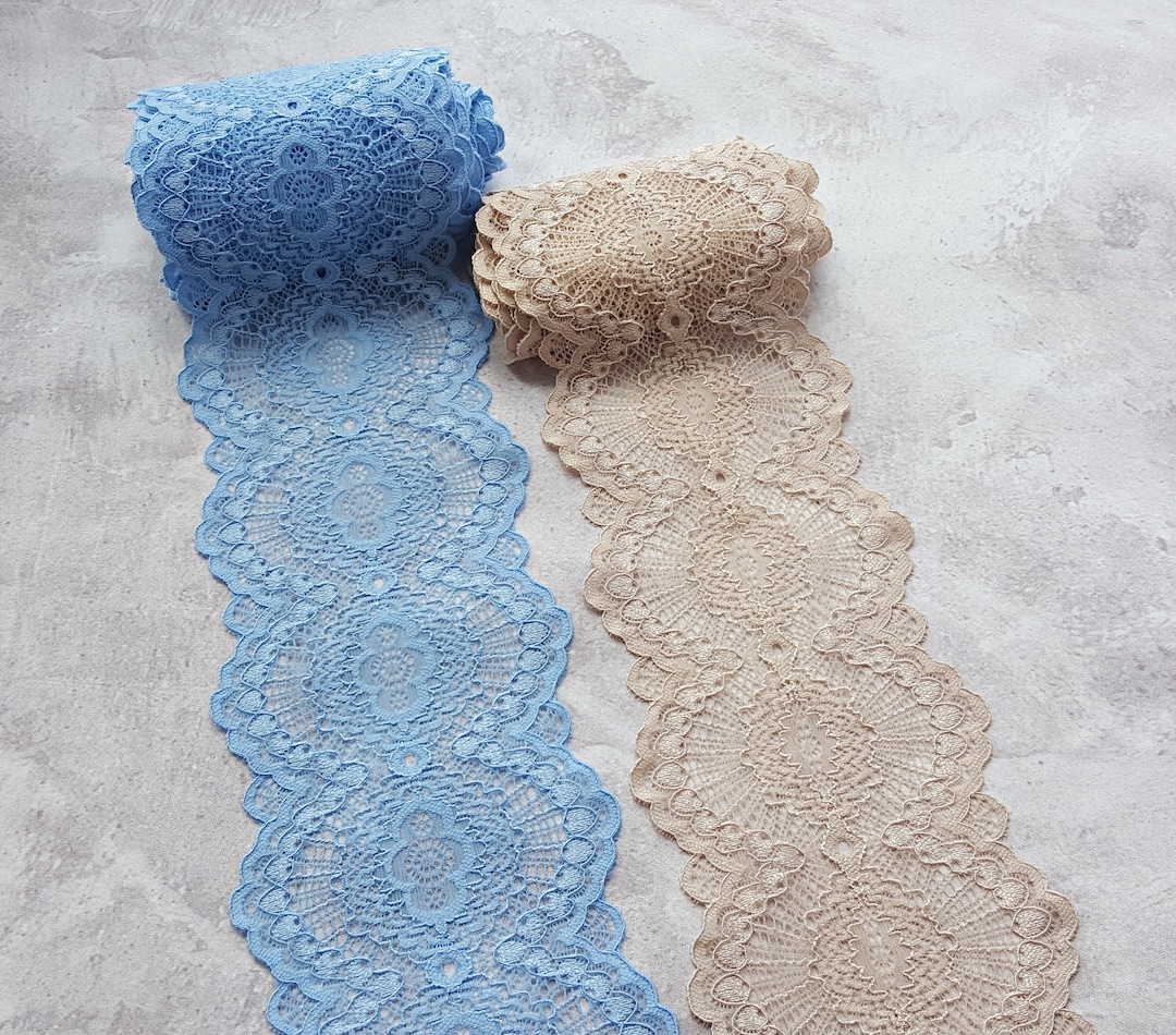 2.18 Yards Beige Stretch Lace Trim, Light Blue Vintage Style Elastic ...