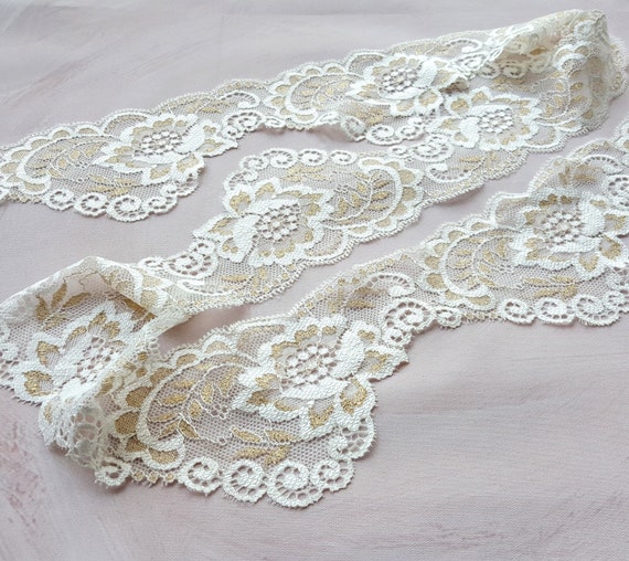 Ivory Gold Stretch Lace Trim Scalloped Edge Lace Trimming Width 8.2 Cm 3.23 Nr 185 Etsy UK