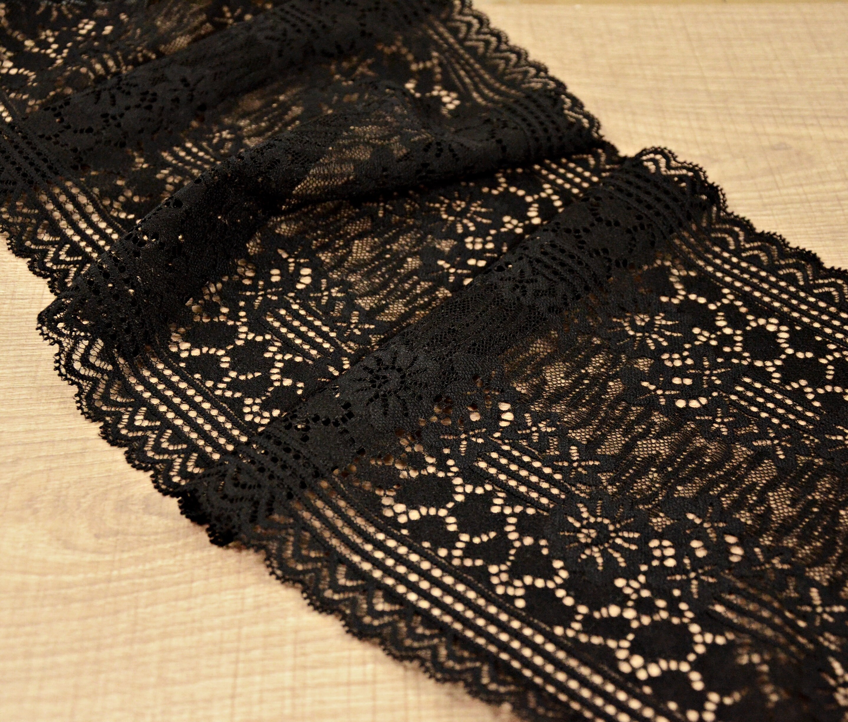 Black Wide Stretch Lace Trim, Floral Elastic Lace Fabric, Width 23.3 Cm ...