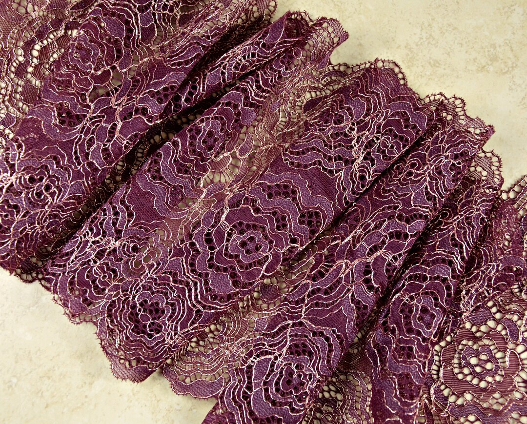 Purple Elastic Lace, Copper Metallic Thread Stretch Lace Trim, Width 22 ...