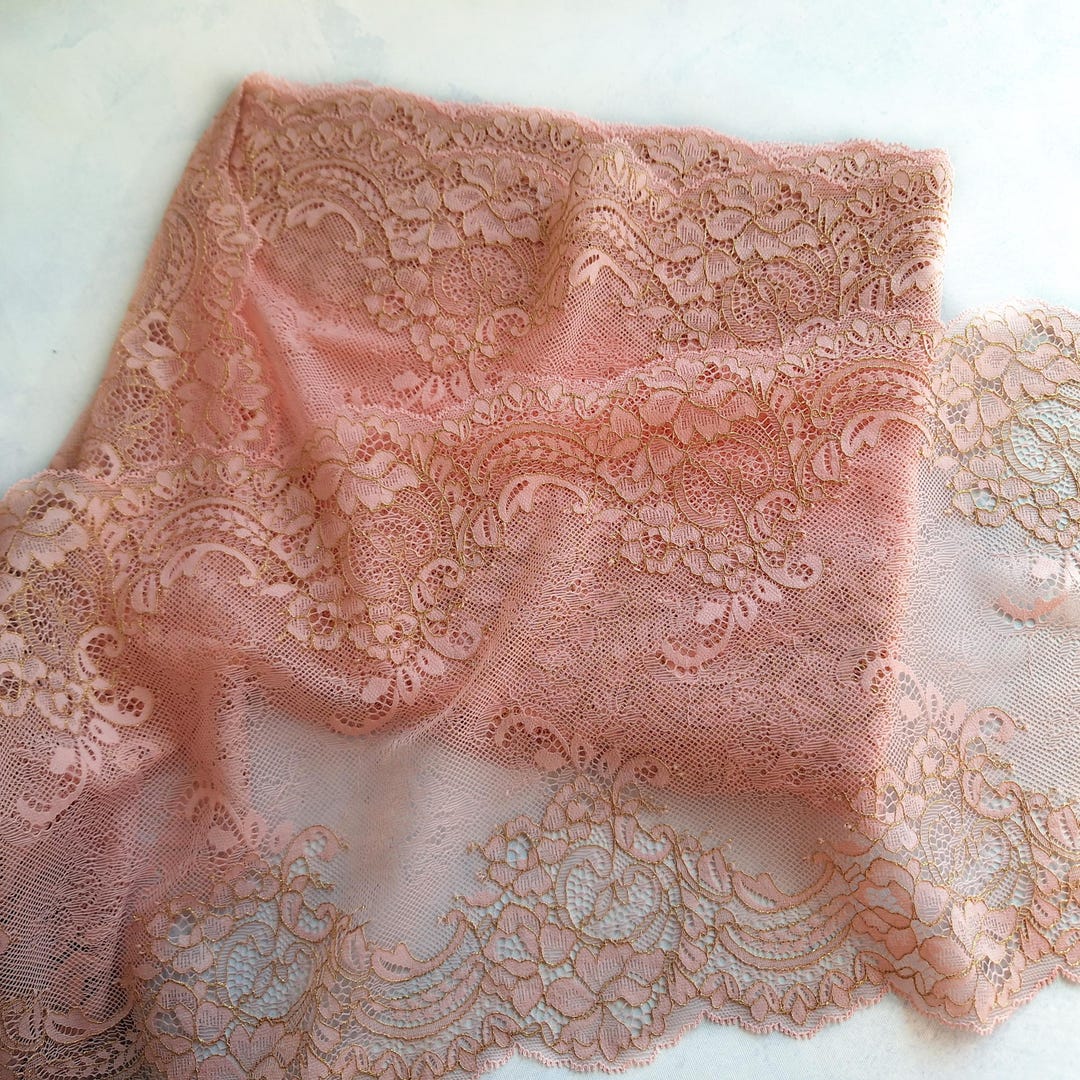 Pink and Gold Stretch Lace Trim, Floral Elastic Lace Fabric, Width 23 ...