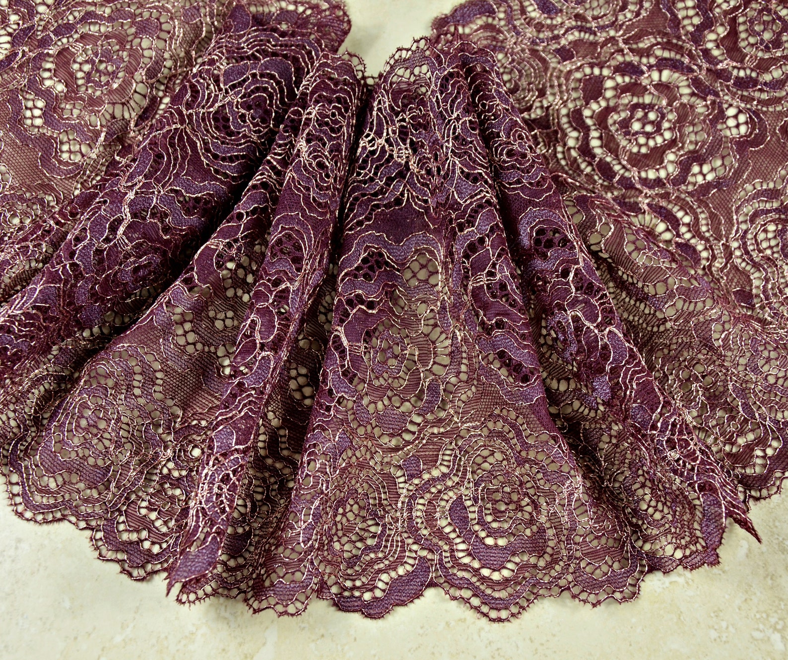 Purple Elastic Lace Copper Metallic Thread Stretch Lace Trim | Etsy