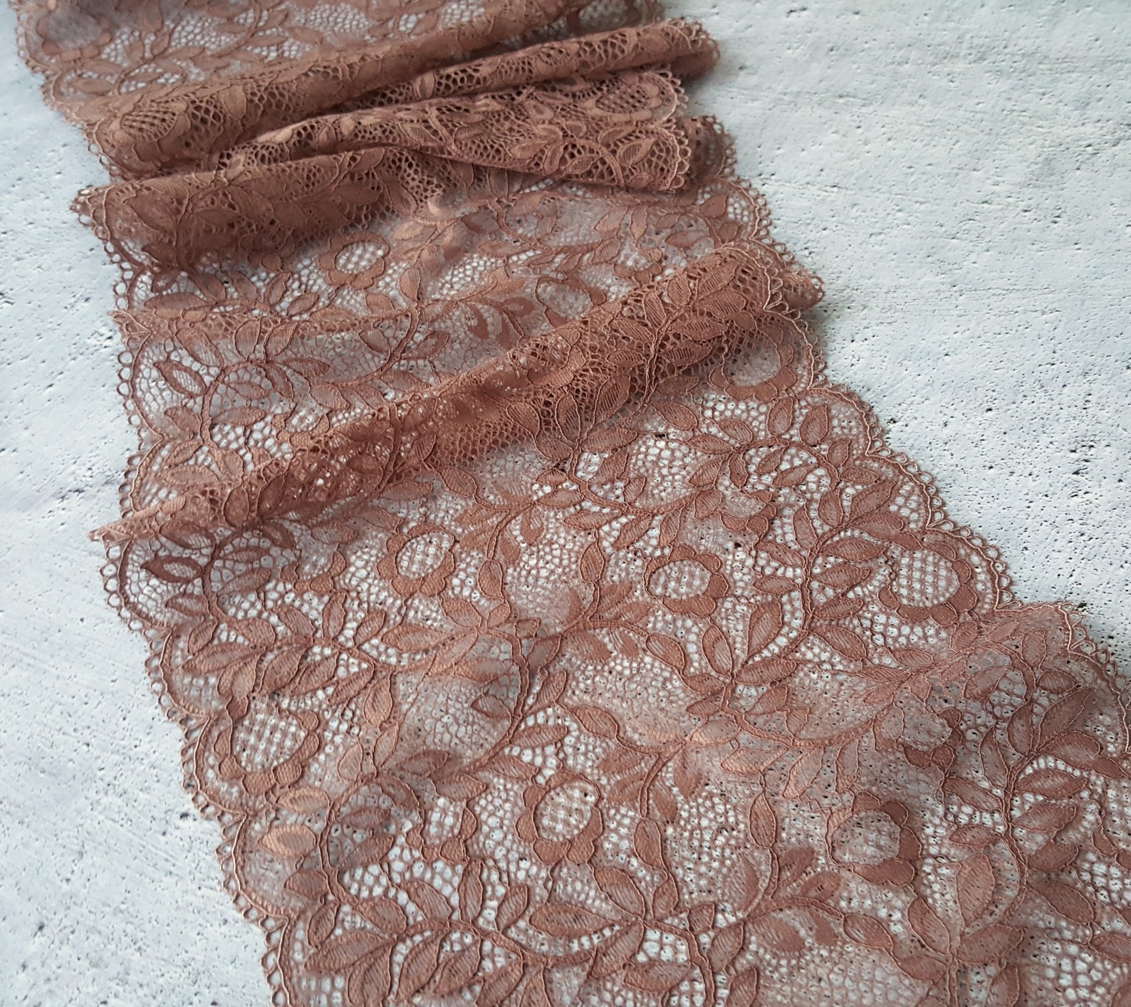 Brown Corded Stretch Lace Trim, Elastic Wide Lace Fabric, Width 24.5 Cm ...