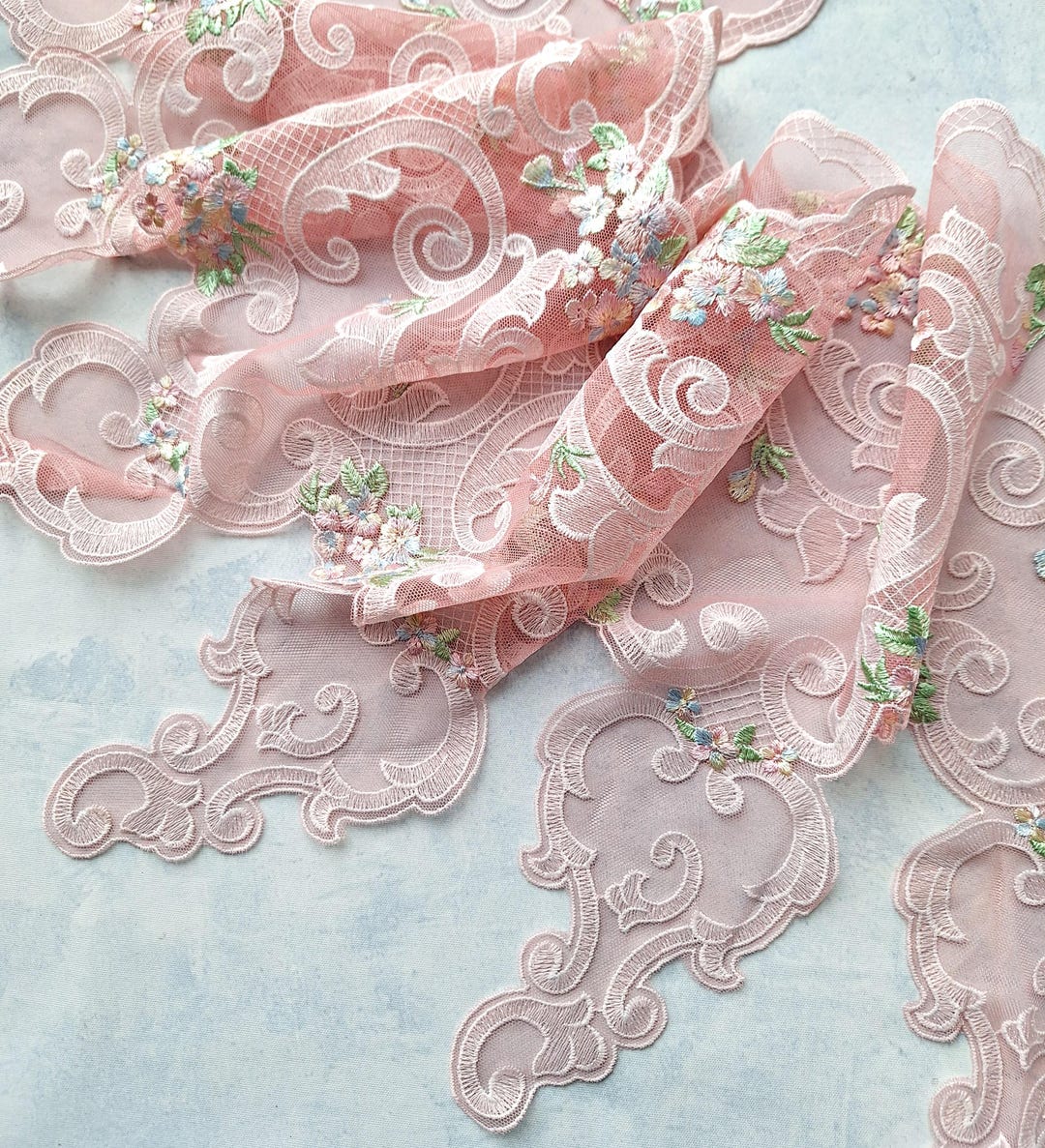 Powder Blush Embroidered Tulle Lace Trim, Bridal Lace, Floral Tulle ...