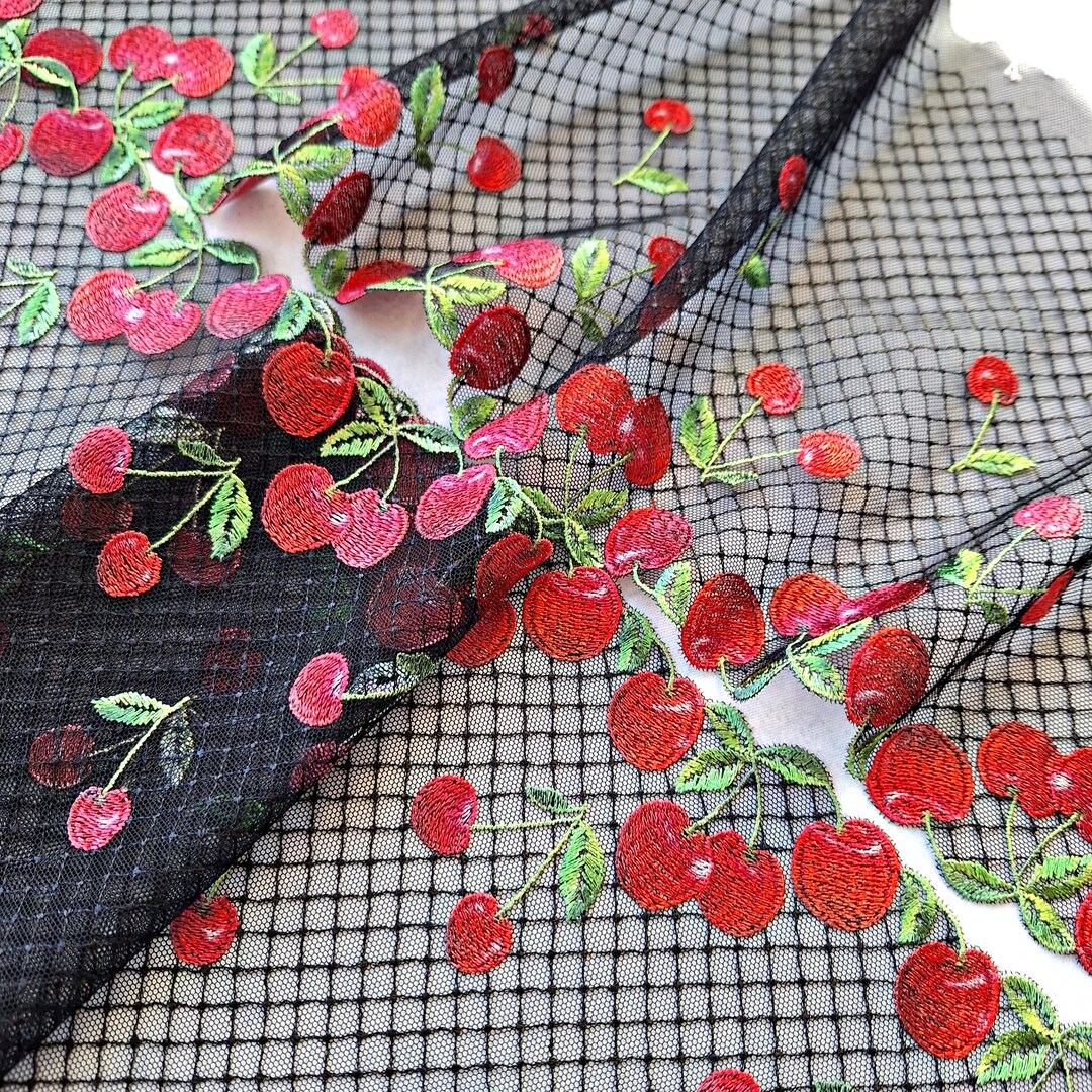 2.18 Yards Mirrored Red Cherry Embroidery Tulle Lace Trim, Non-stretch ...