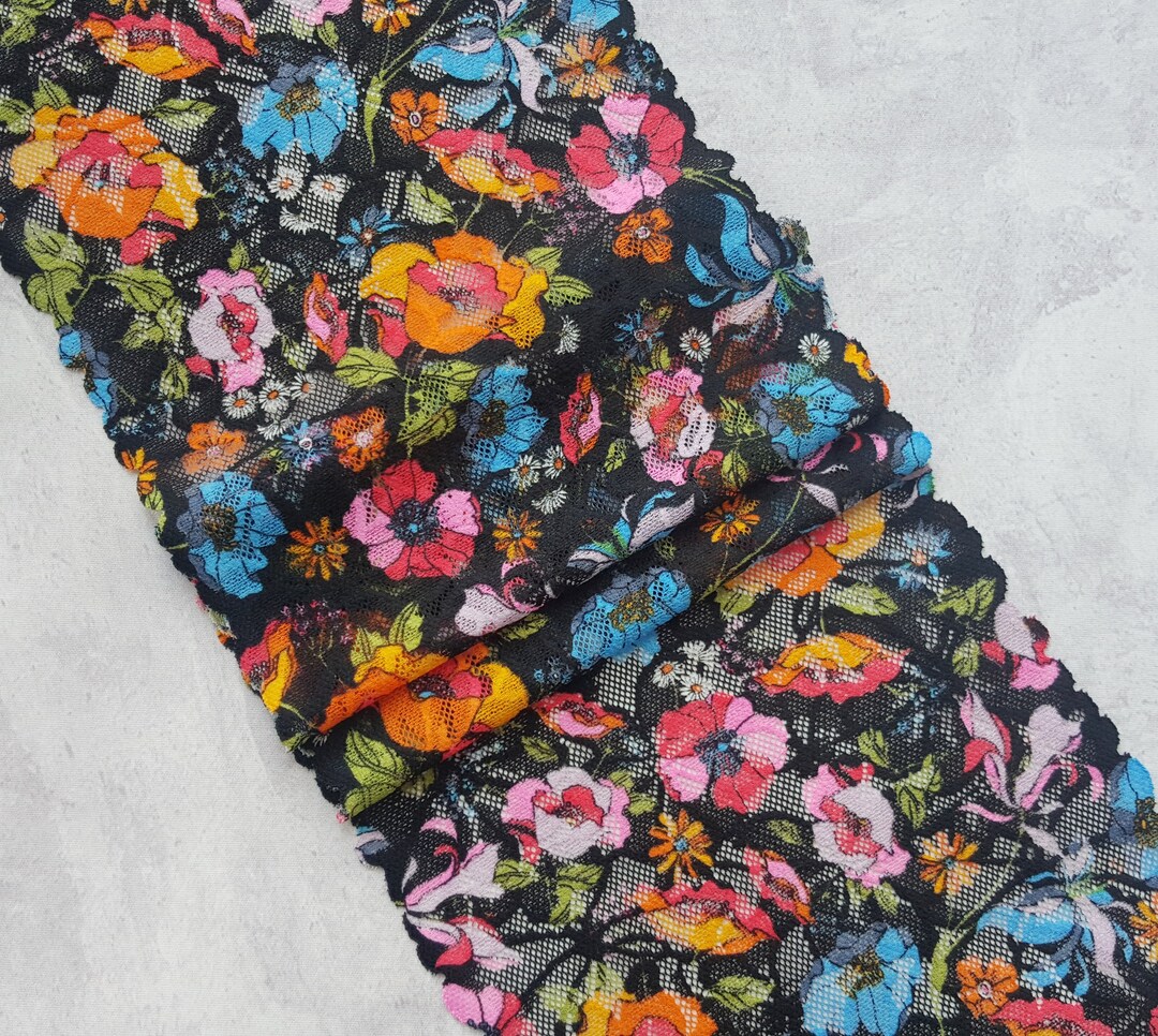 Colorful Floral Print Stretch Lace Trim, Elastic Lace, Printed Lace ...