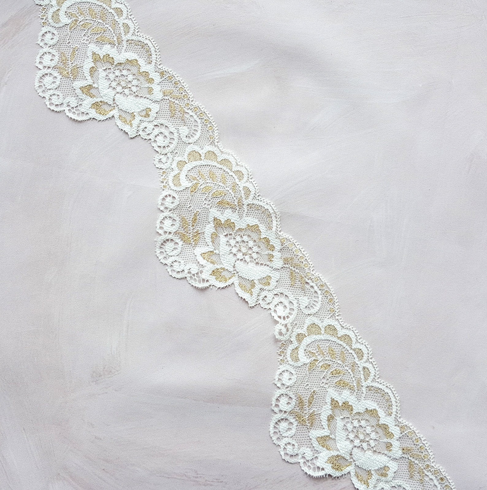Ivory Gold Stretch Lace Trim, Scalloped Edge Lace Trimming, Width 8.2 ...