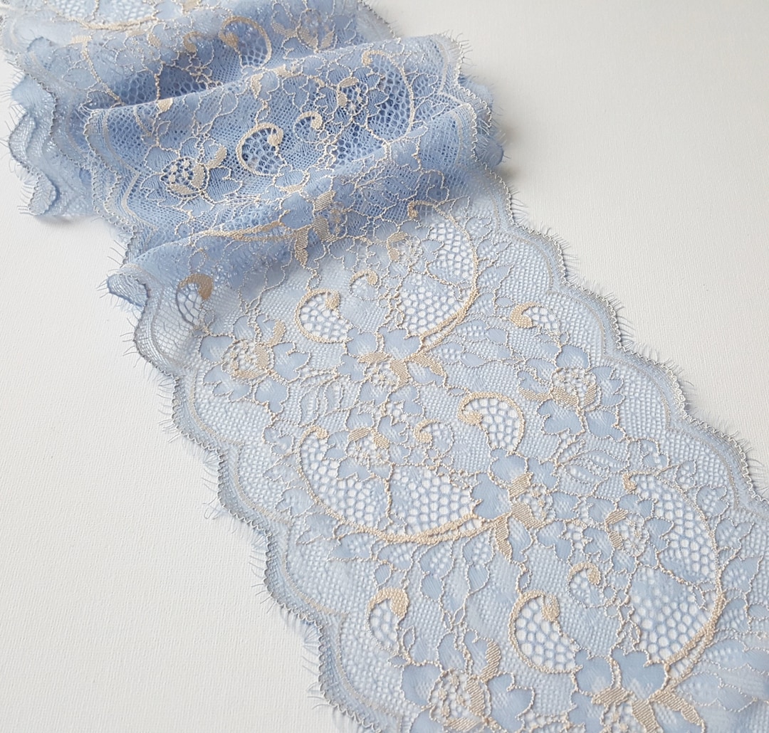 Light Blue Eyelash Stretch Lace Trim, Chantilly Floral Lace, 6.7