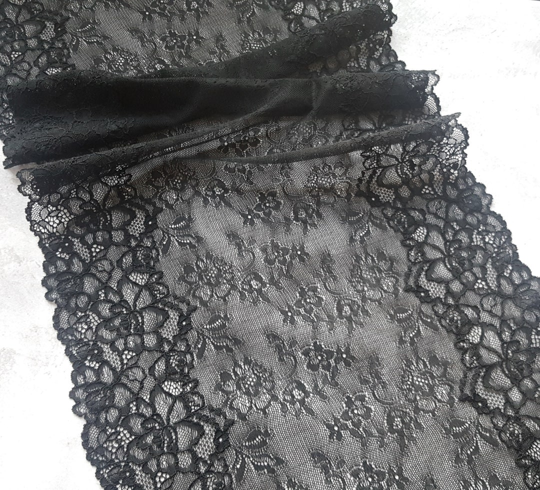 Black Extra Wide Stretch Lace, Floral Elastic Lace Trim Width 33.2 Cm ...