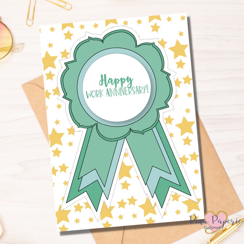 Happy Work Anniversary Green Ribbon & Yellow Stars Card - Etsy