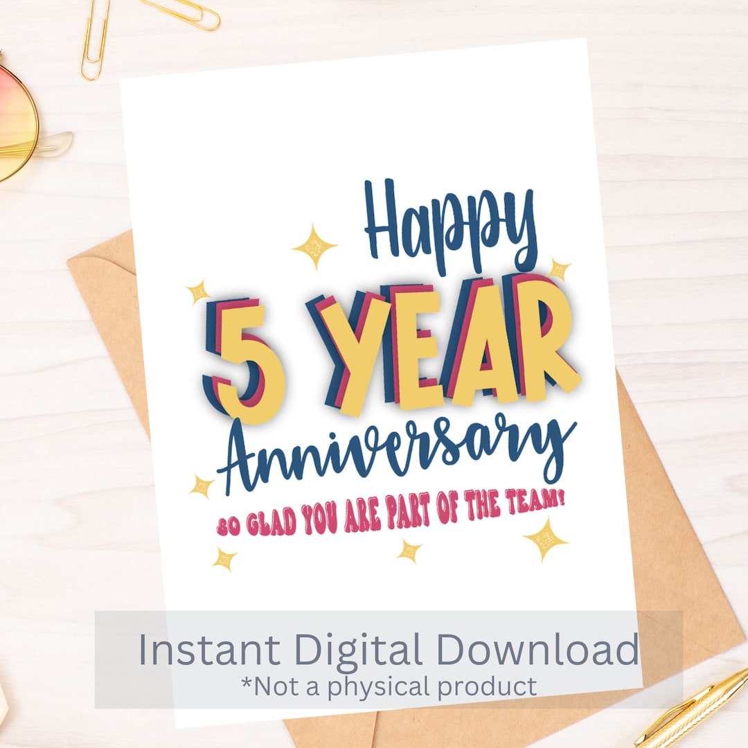 5 Year Work Anniversary Card: Printable PDF Template (instant Download ...