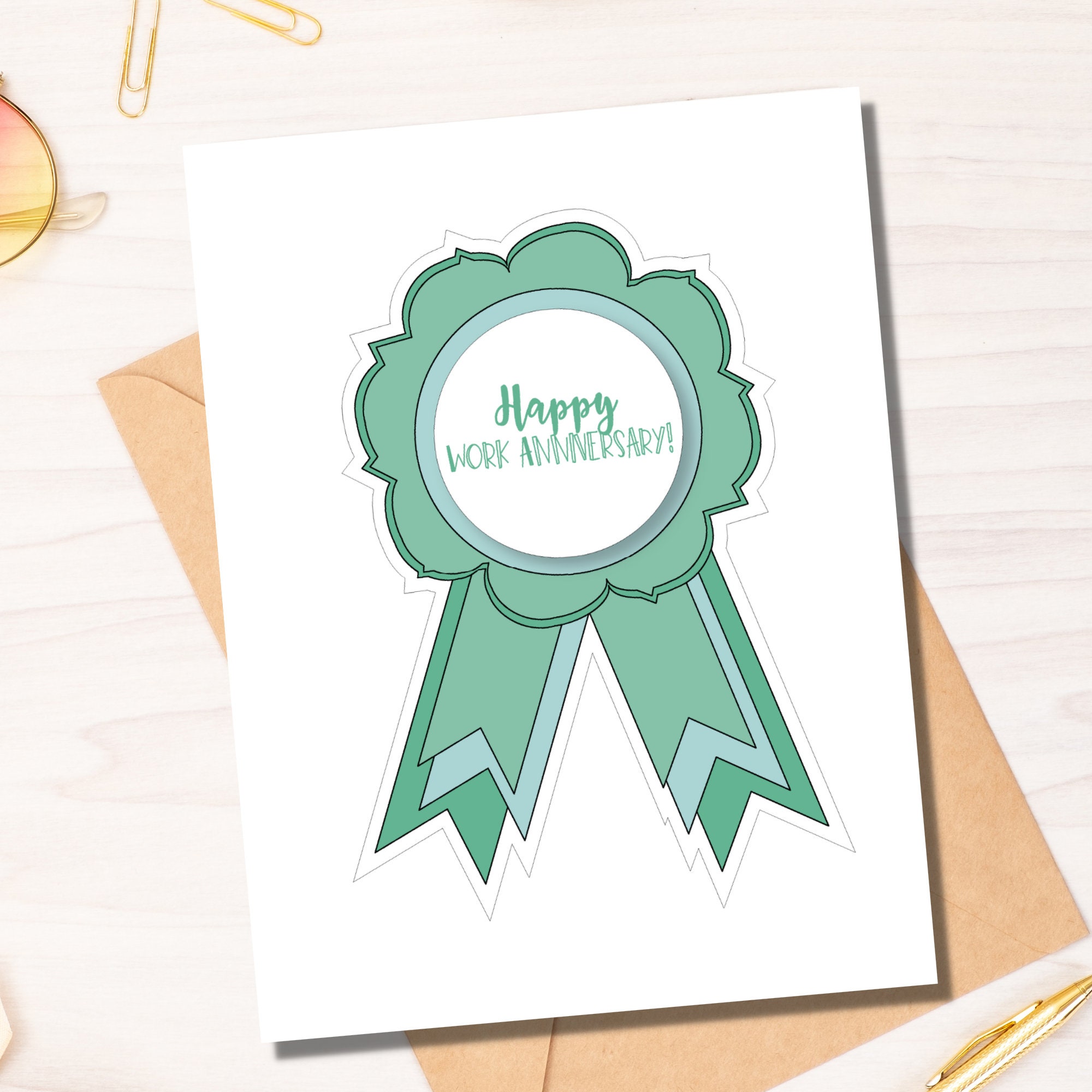 Happy Work Anniversary - Green Ribbon Award Card - Instant Download PDF ...