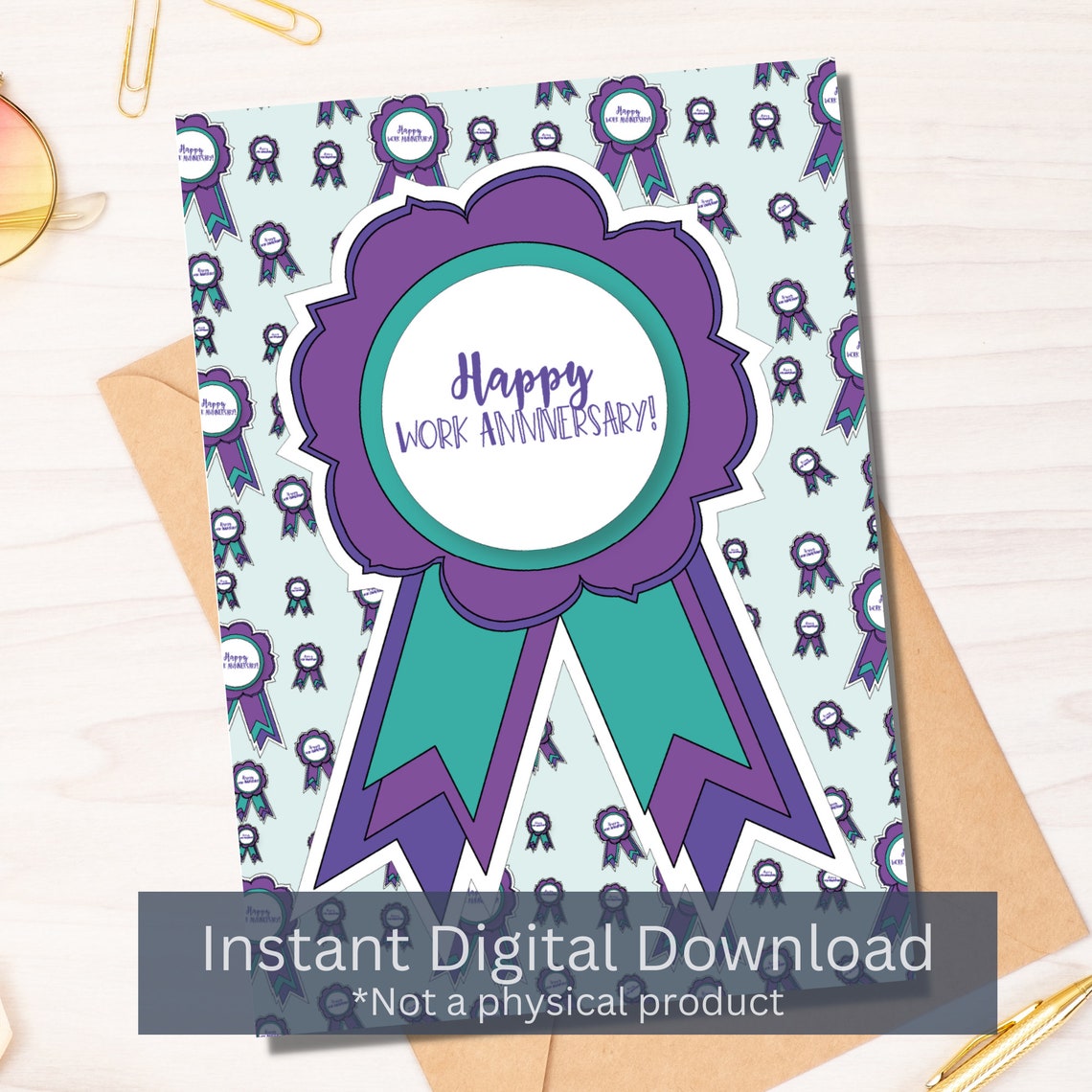 Work Anniversary Card: Purple & Teal Ribbon Award (instant Download PDF ...