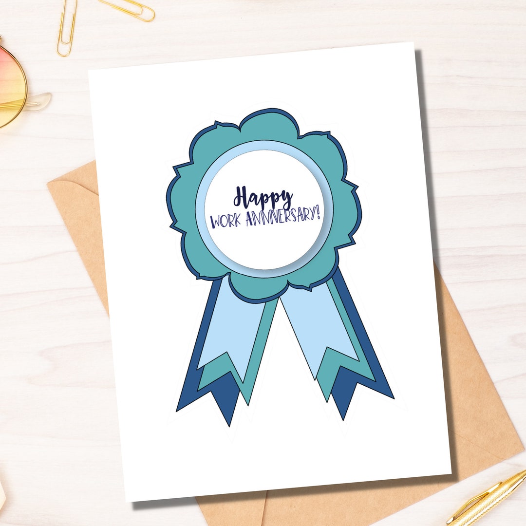 Happy Work Anniversary blue Ribbon Award Card Instant Download PDF Card ...