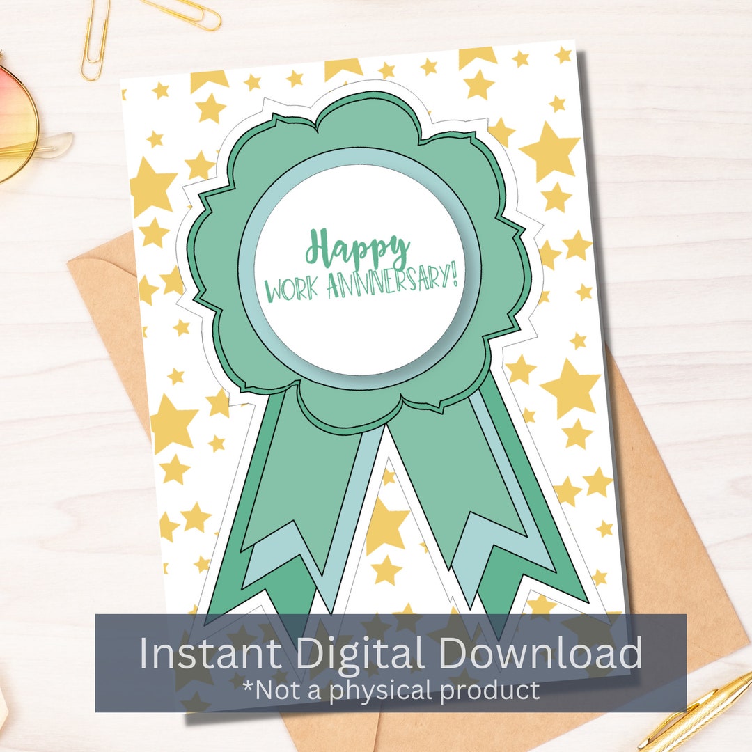 Happy Work Anniversary - Green Ribbon & Yellow Stars Card - Instant ...