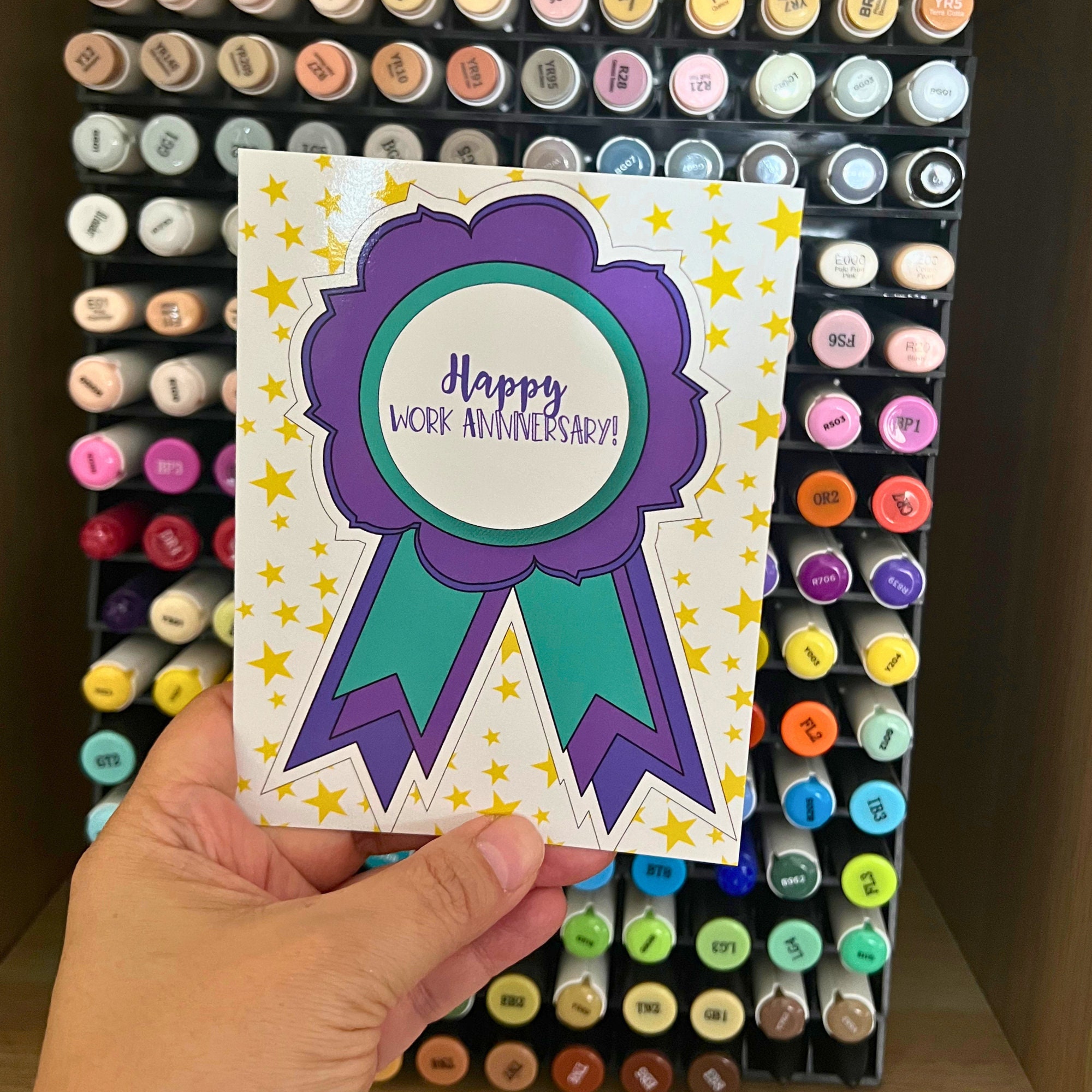 Happy Work Anniversary Card: Green Ribbon & Yellow Stars - Etsy