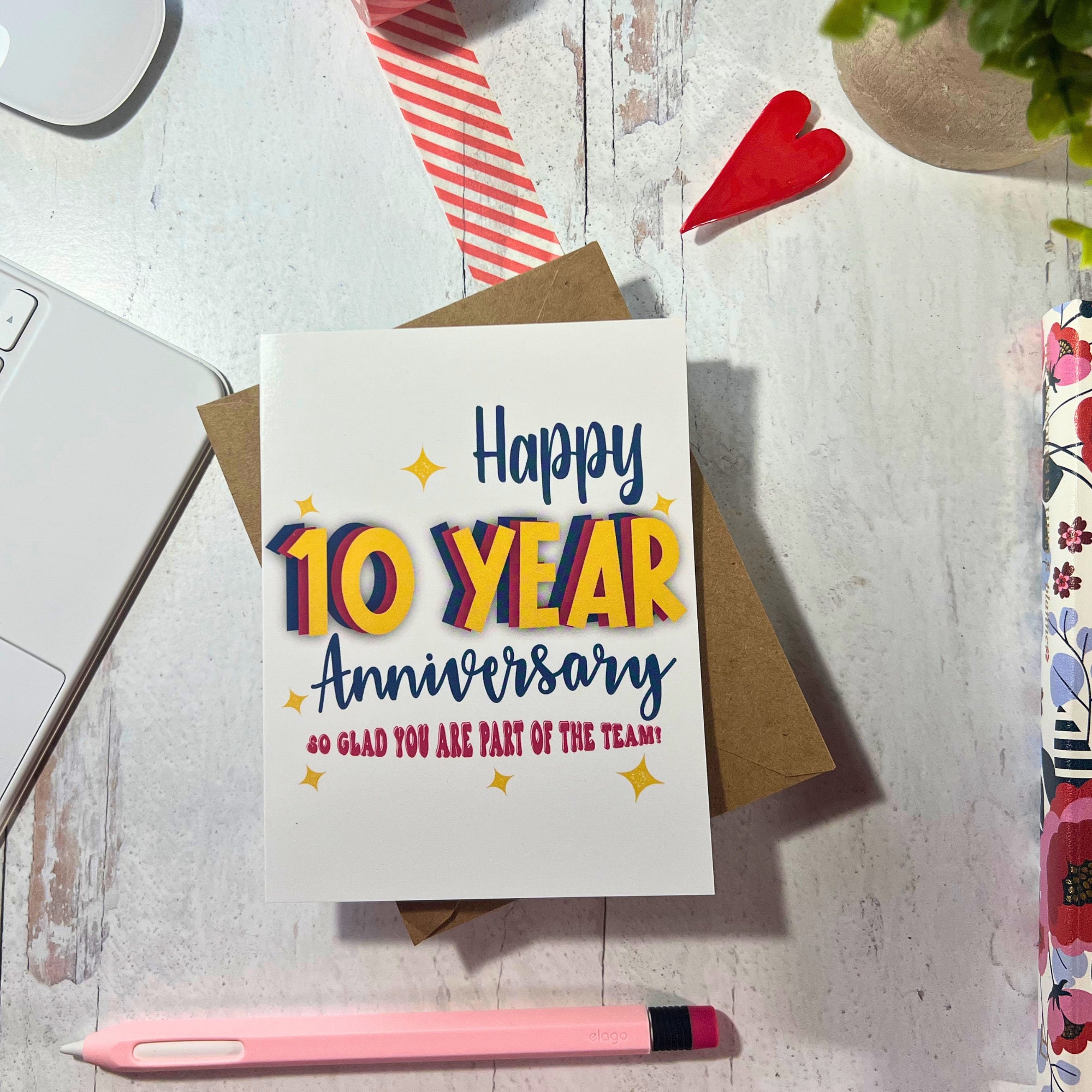 10 Year Work Anniversary Card: Employee Appreciation - Rina Paperie - Etsy