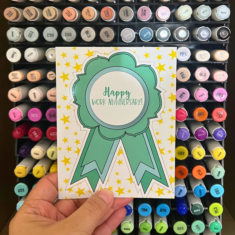 Happy Work Anniversary Card: Green Ribbon & Yellow Stars - Etsy