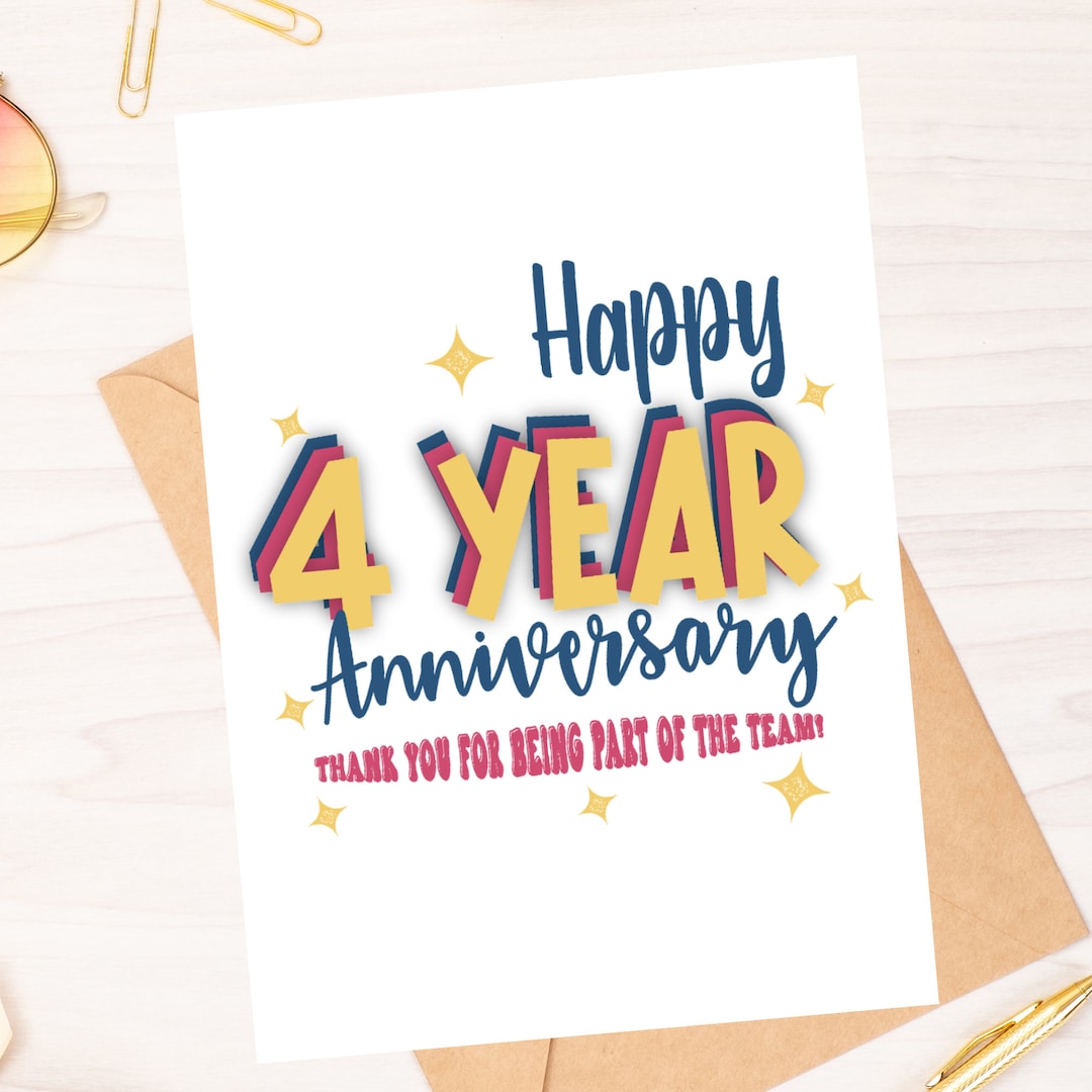 Happy 4 Year Anniversary Work Anniversary Card Instant Download PDF ...