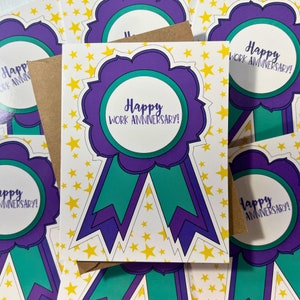 Happy Work Anniversary Card: Green Ribbon & Yellow Stars - Etsy