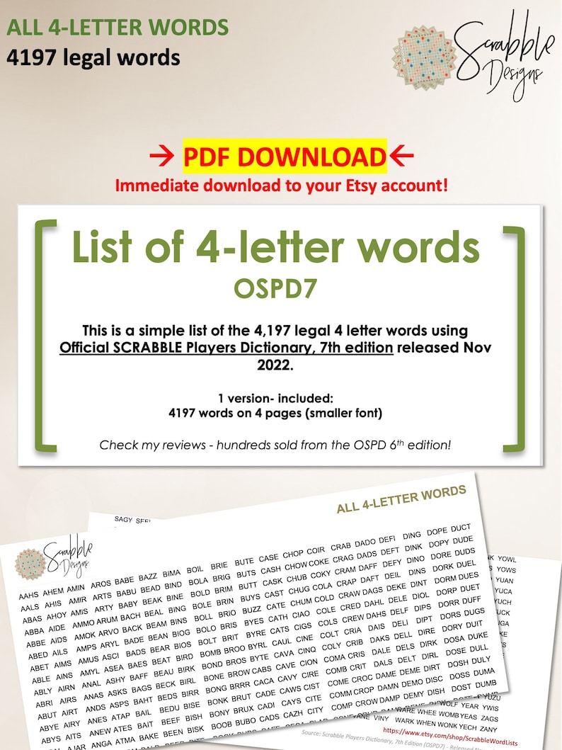 PDF Scrabble Word List Cheat Sheet: Acceptable 4 Letter Words List (all ...