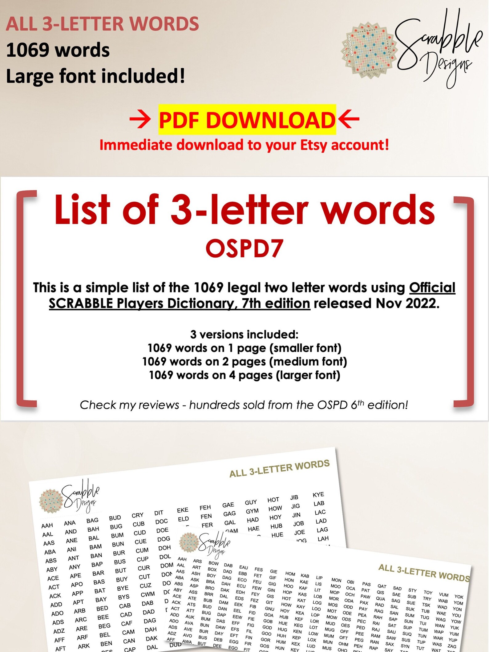 PDF Scrabble Word List Cheat Sheet: Acceptable 3 Letter Words List - 2 Versions and Font Sizes 1 ...