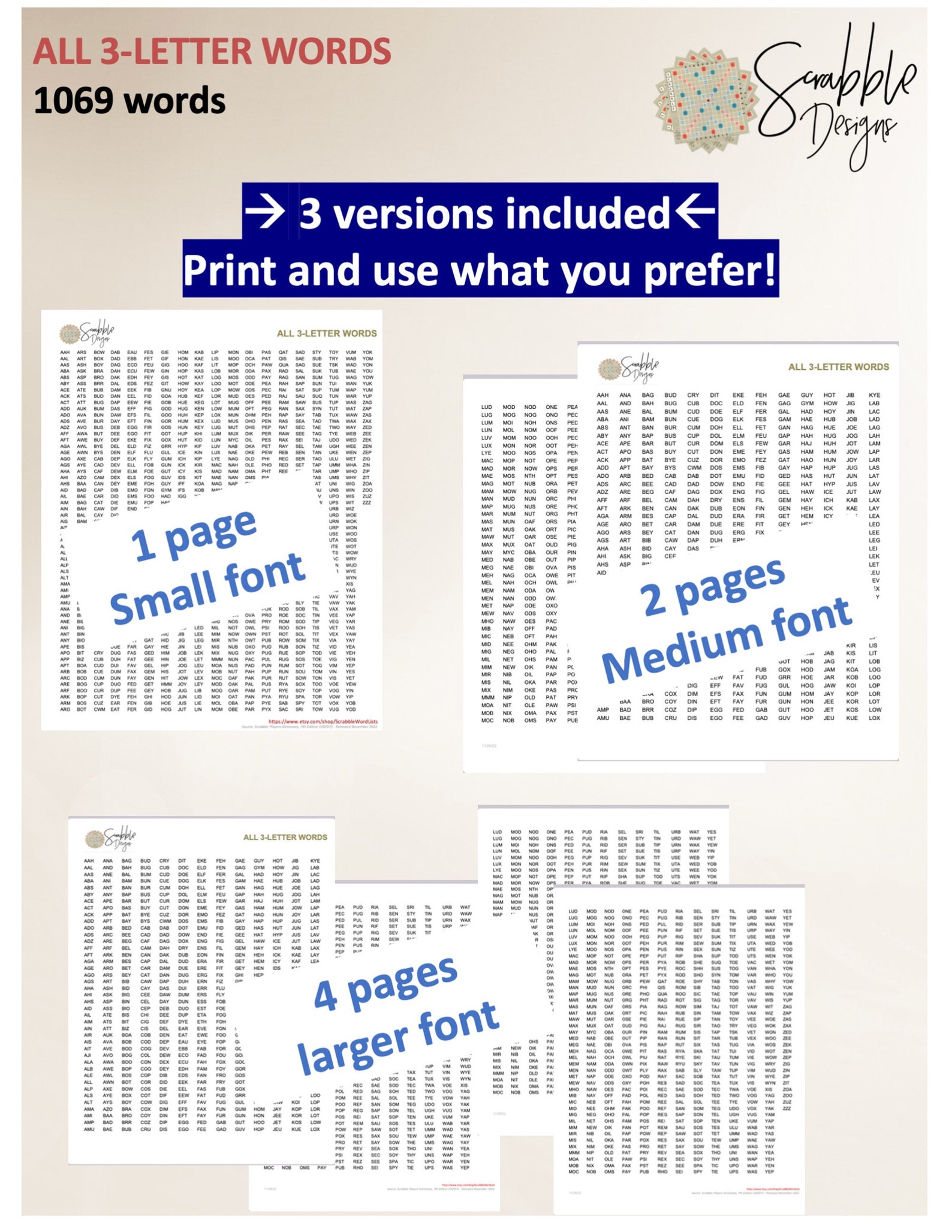 PDF Scrabble Word List Cheat Sheet: Acceptable 3 Letter Words List - 2 Versions and Font Sizes 1 ...