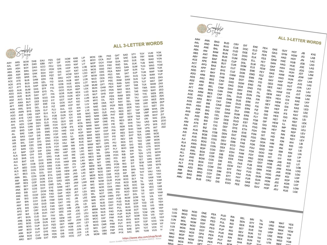 PDF Scrabble Word List Cheat Sheet: Acceptable 3 Letter Words List - 2 Versions and Font Sizes 1 ...