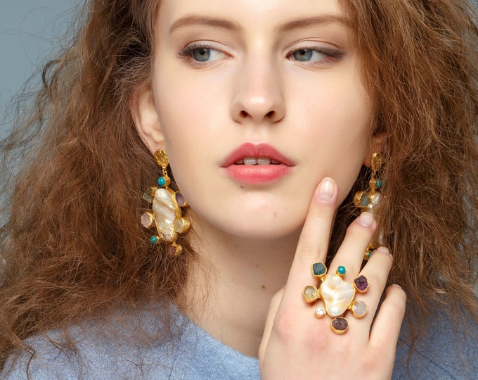 Multi Gemstone Gold Ring Big Extra Large Chunky Statement - Etsy