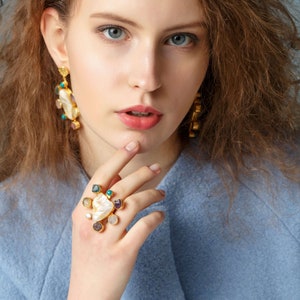 Multi Gemstone Gold Ring Big Extra Large Chunky Statement Baroque Pearl ...