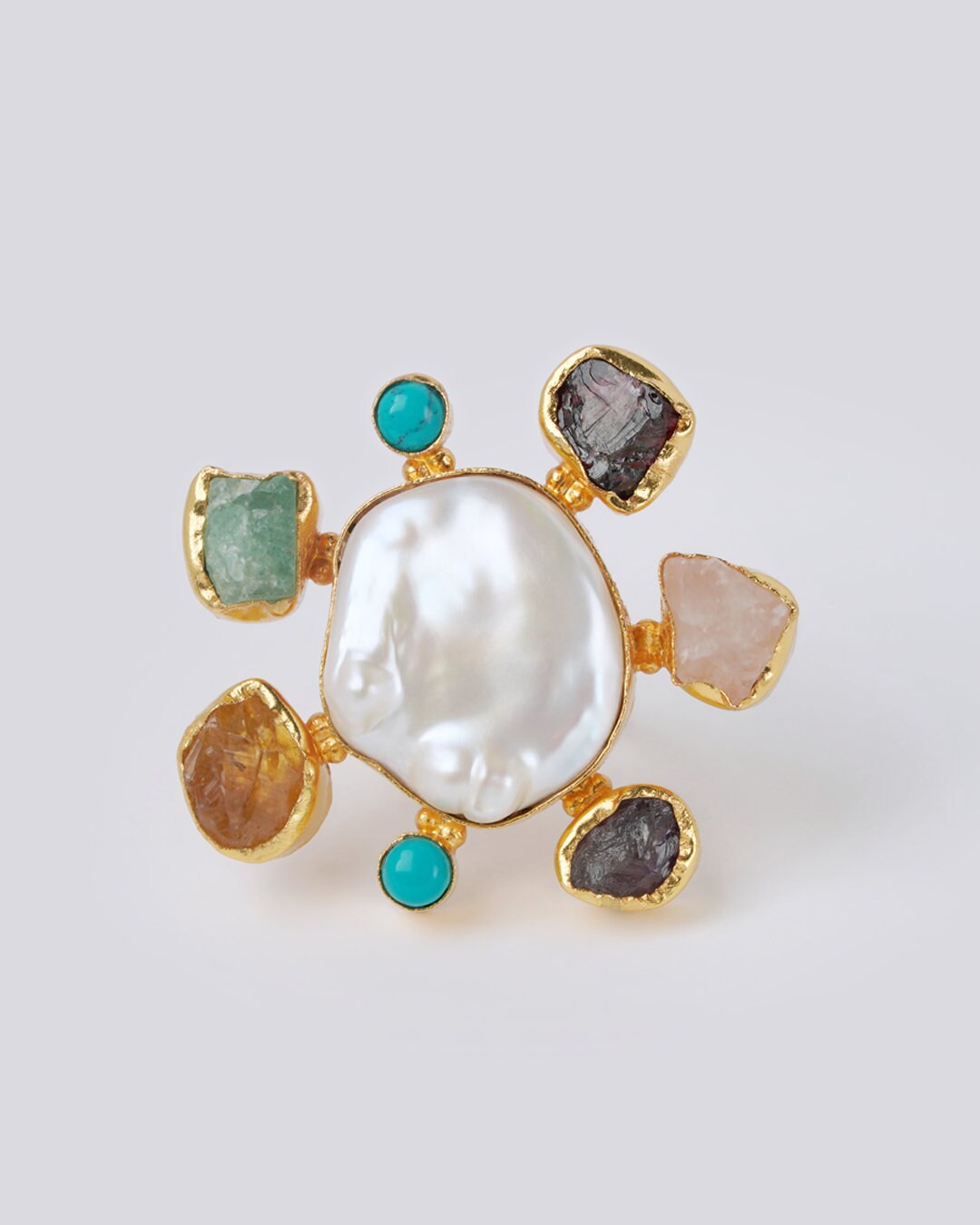 Multi Gemstone Gold Ring Big Extra Large Chunky Statement Baroque Pearl ...