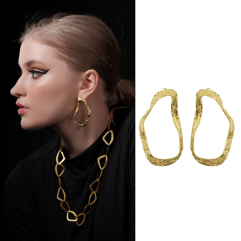 Irregular Gold Hoop Earrings Abstract Metal Earrings Modern - Etsy