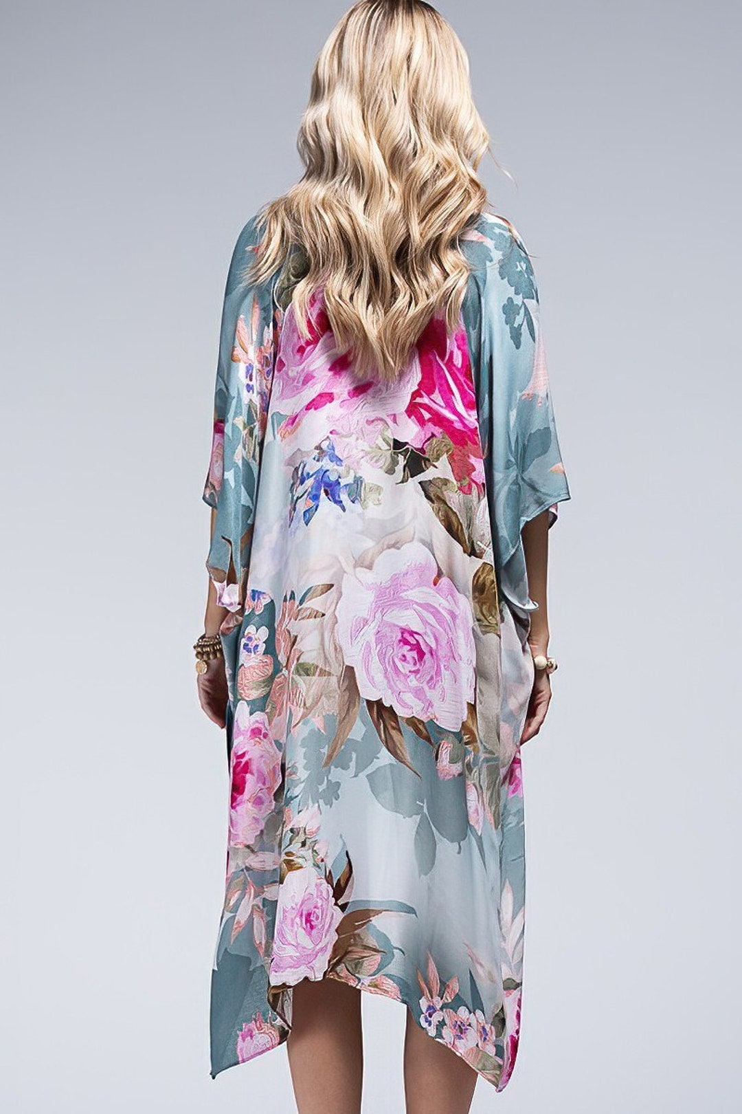 Women Teal Peony Flower Boho Kimonos, Beach Kimono, Kimono Jacket ...