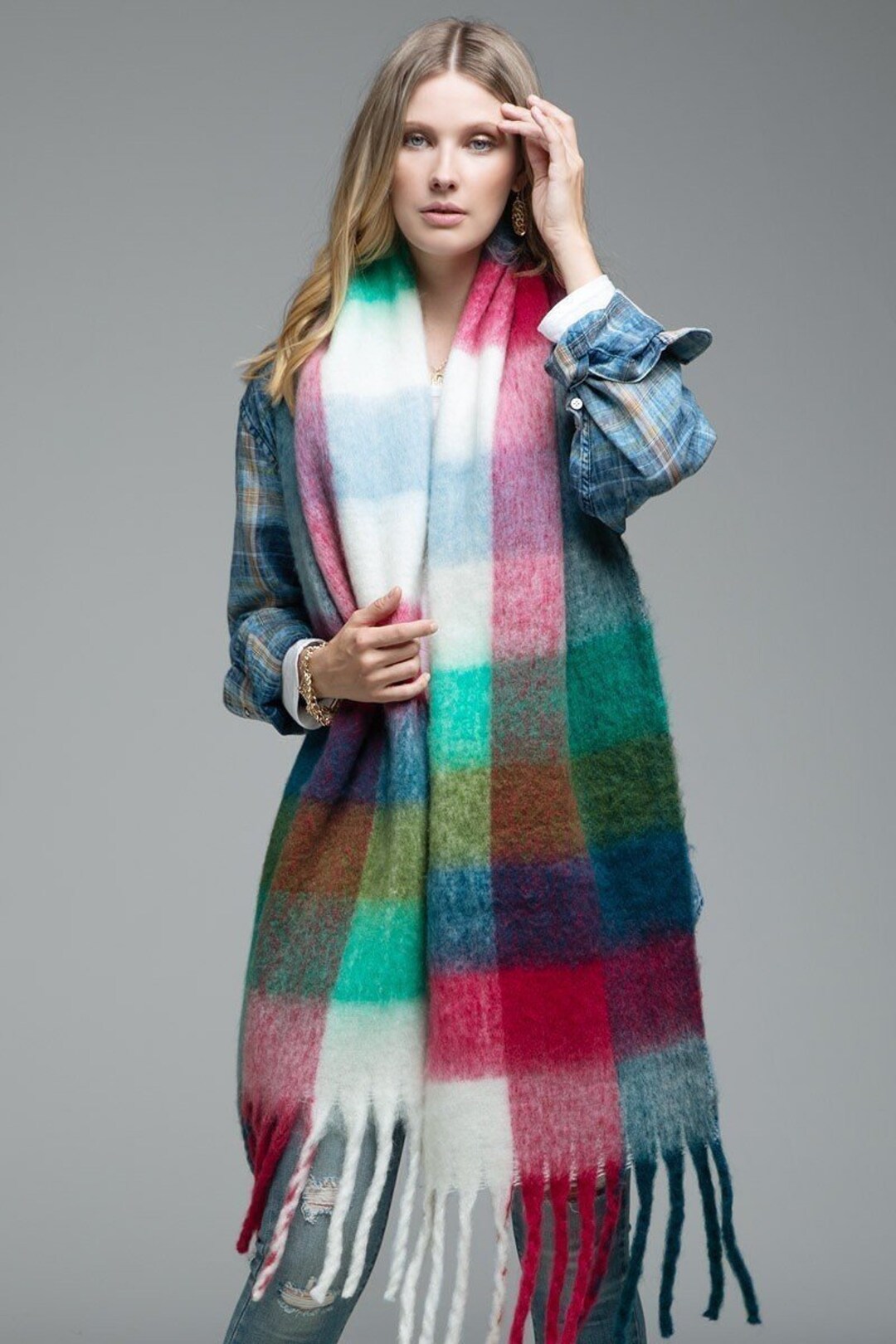 Brushed Rainbow Color Cozy and Warm Checkered Brushed Scarf With Fringe ...