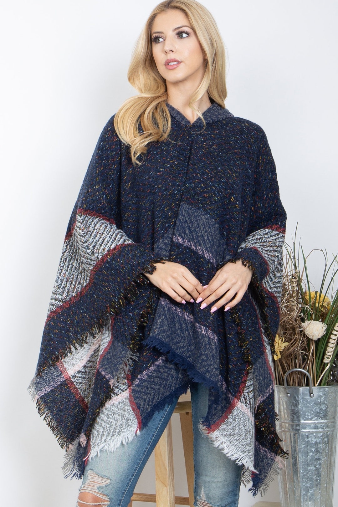 Hooded Poncho Navy Mix Unisex Mens Womens - Etsy