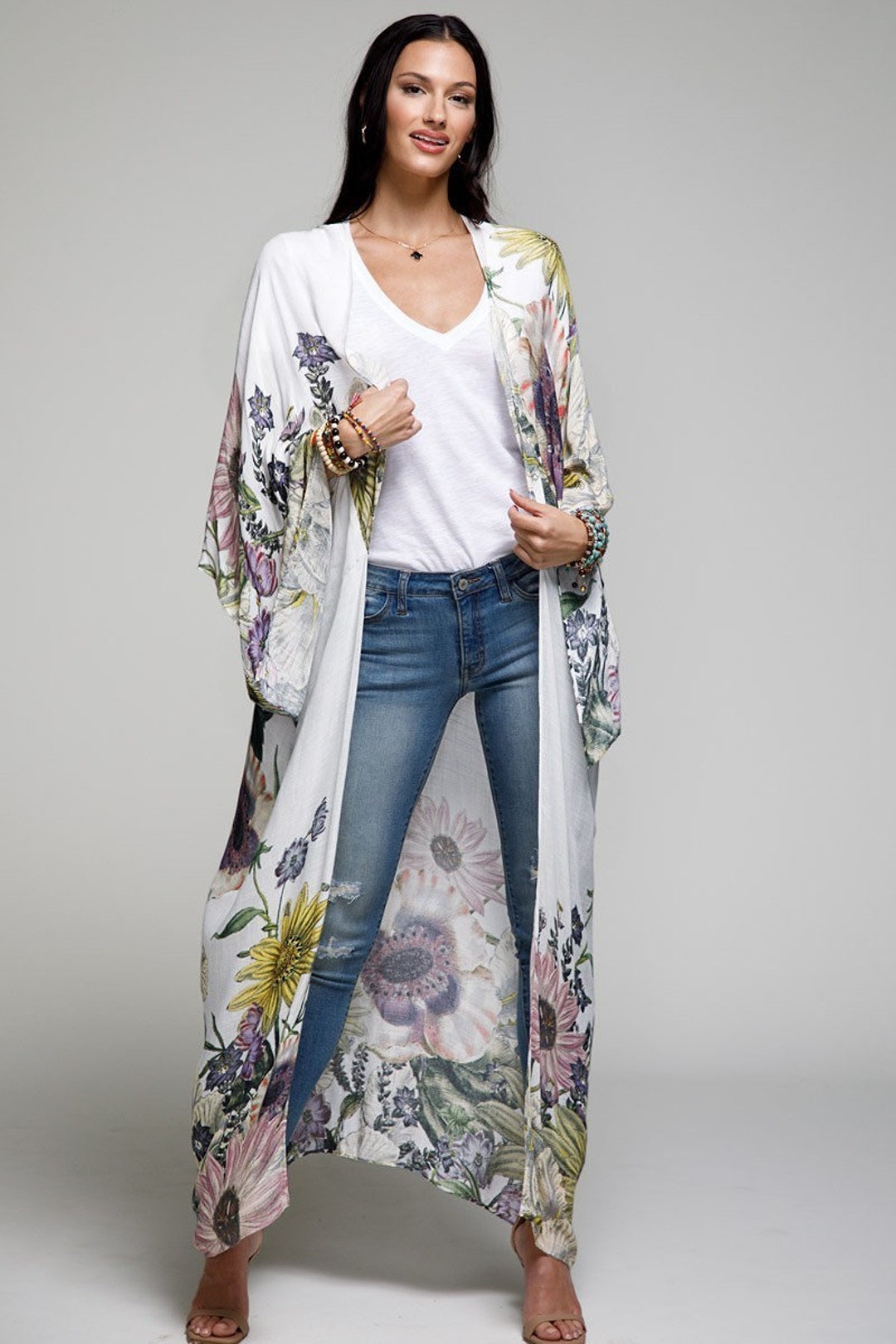 Womens Summer Long Flowy Kimono Cardigans Boho Floral Beach Cover Up