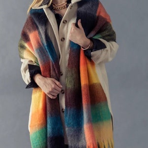Brushed Rainbow Color Cozy and Warm Checkered Brushed Scarf With Fringe ...