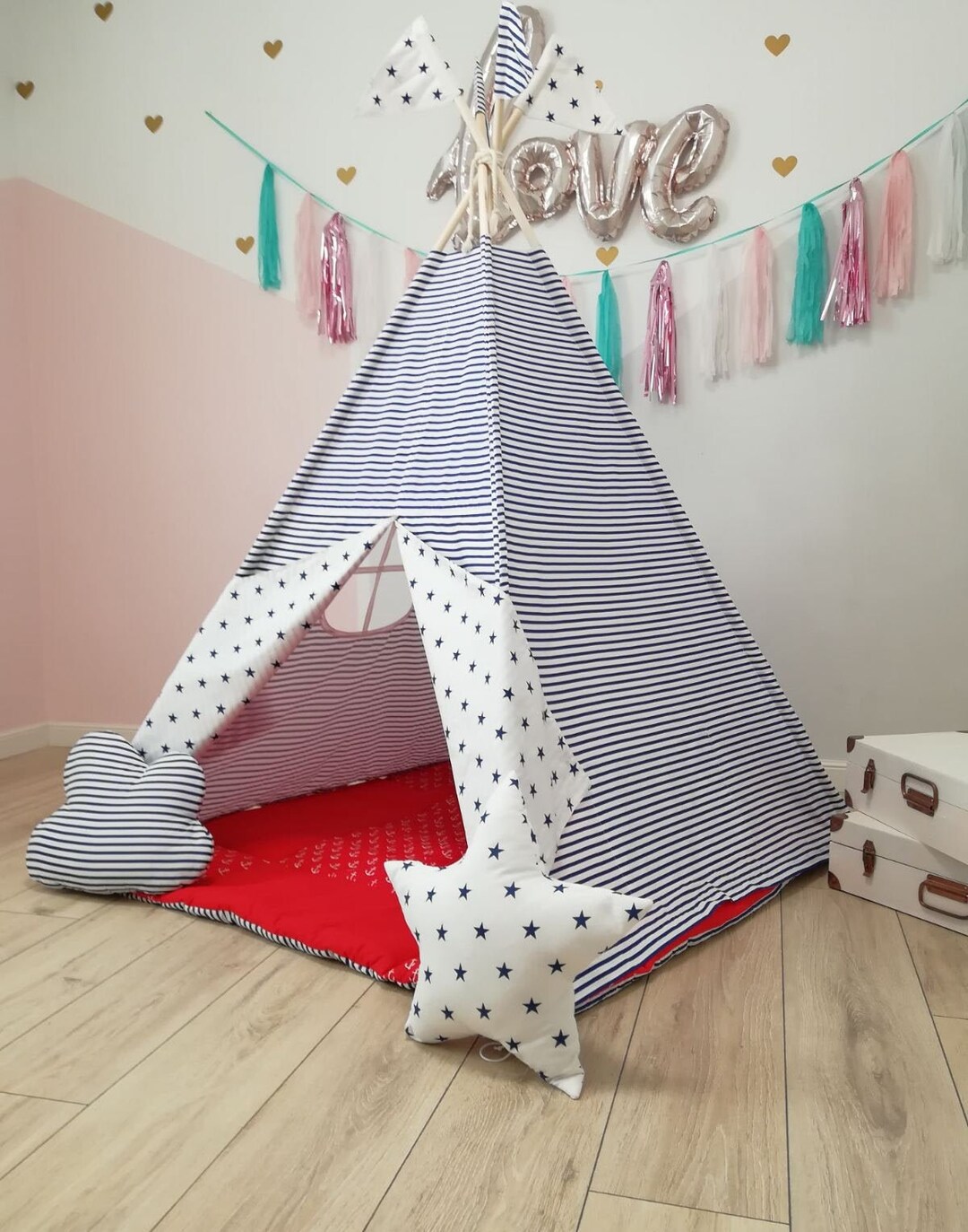 Teepee Tent for Kids, Navy Blue White Stripes and Window Birthday, Led ...