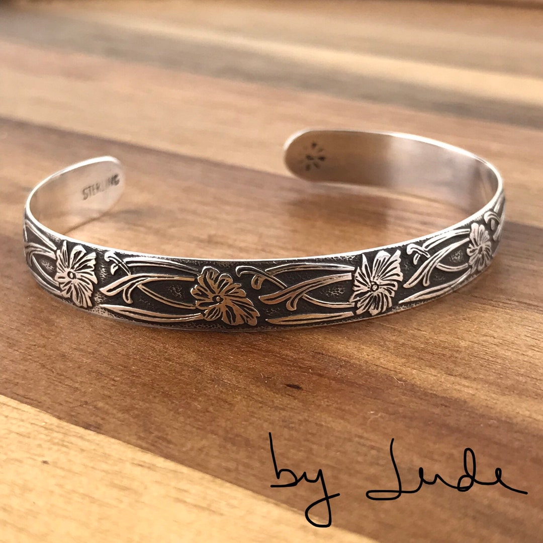 Sterling Silver Floral Pattern Cuff Bracelet - Etsy