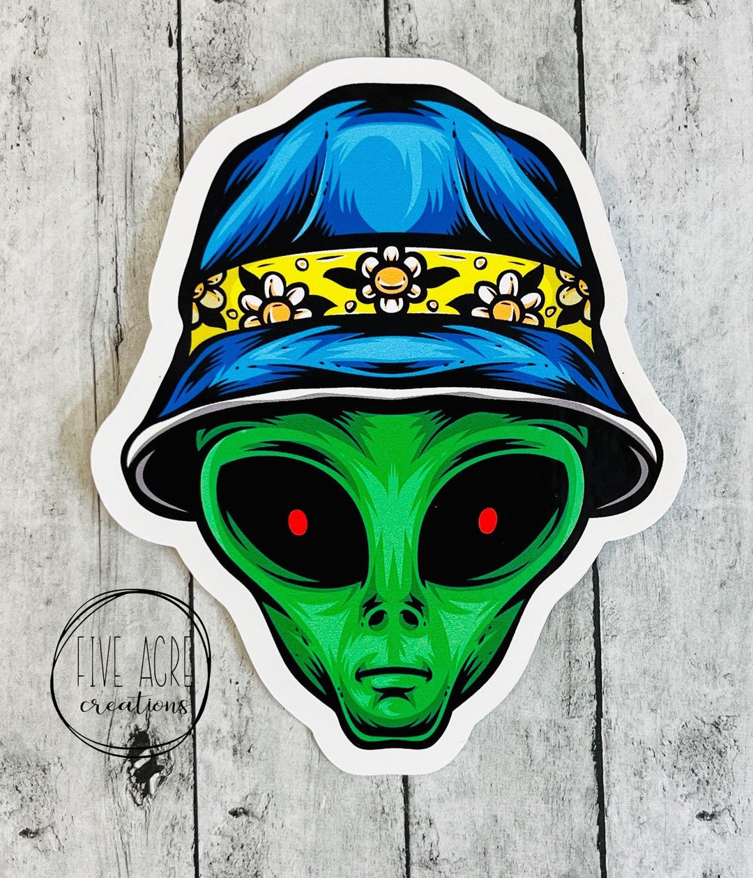 Funny Waterproof Weatherproof Vinyl Sticker Alien in Funny Hat High ...