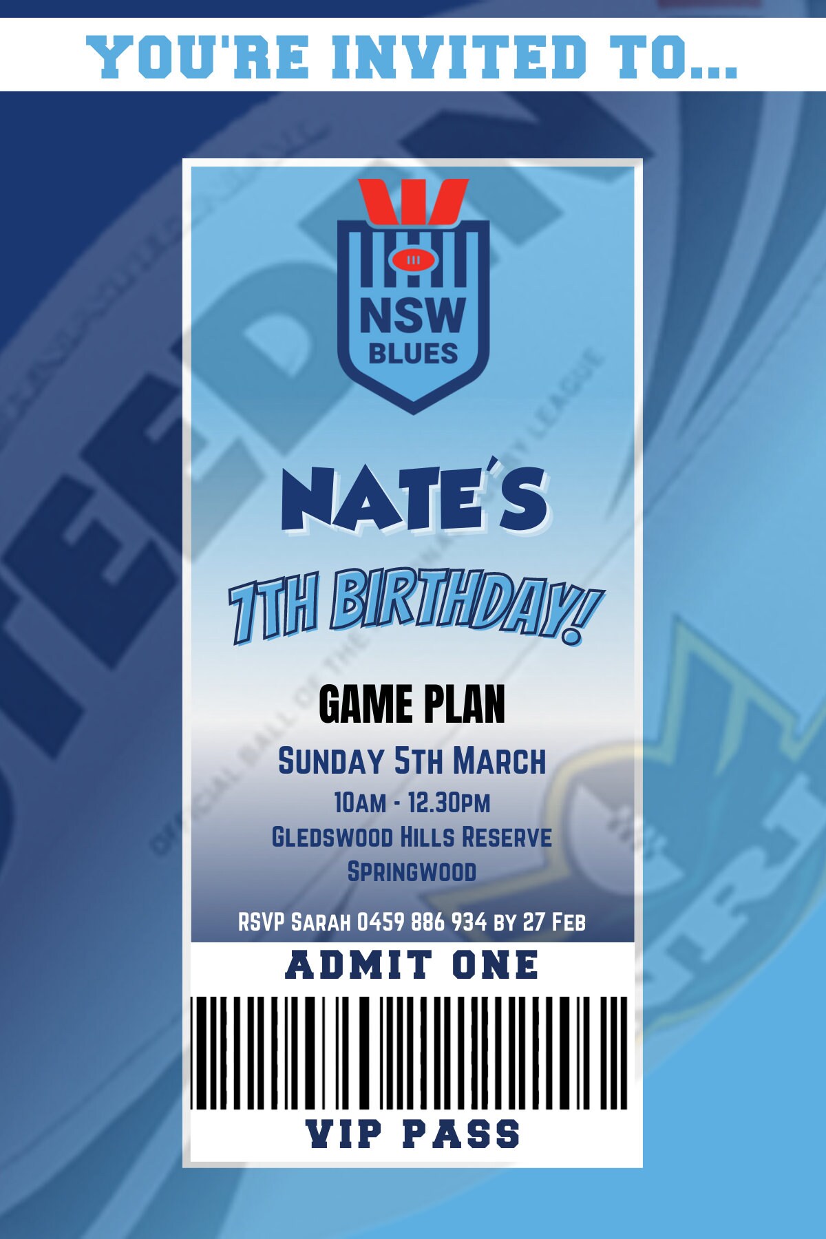 NSW Blues NRL Themed Birthday Invitation DIGITALPRINT - Etsy